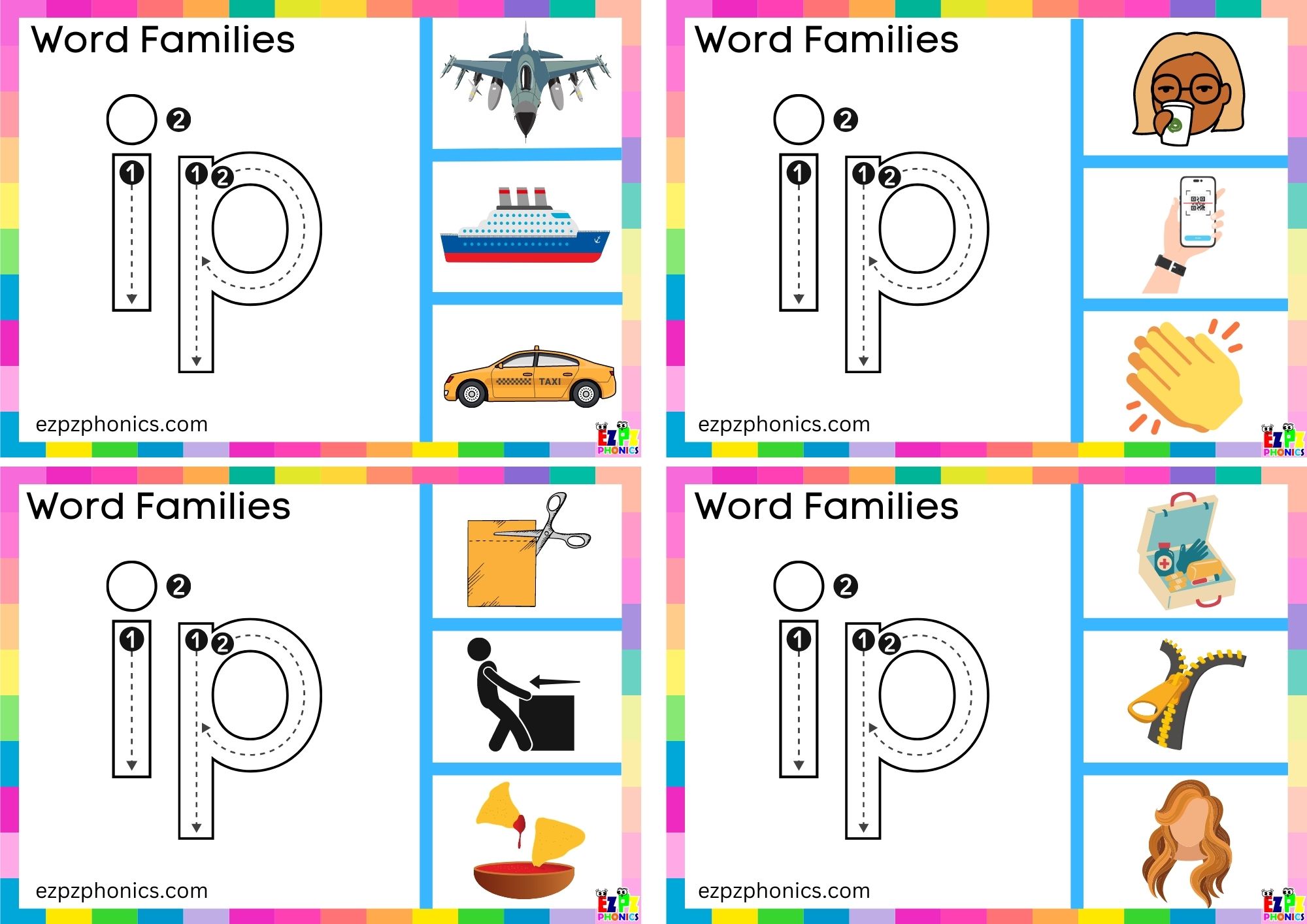 Word Family ip Trace the letters and clip the image clip cards group 2 - ezpzphonics.com